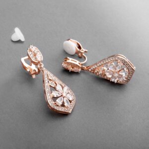 Mariell CZ Clip On Rose Gold Earrings - Art Deco Jewelry for Weddings, Bridal, Bridesmaids & Formals