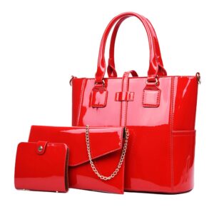 yan show women's new zipper bag 3pcs handbags patent leather fashion shoulder bag large capacity handbag, red, medium