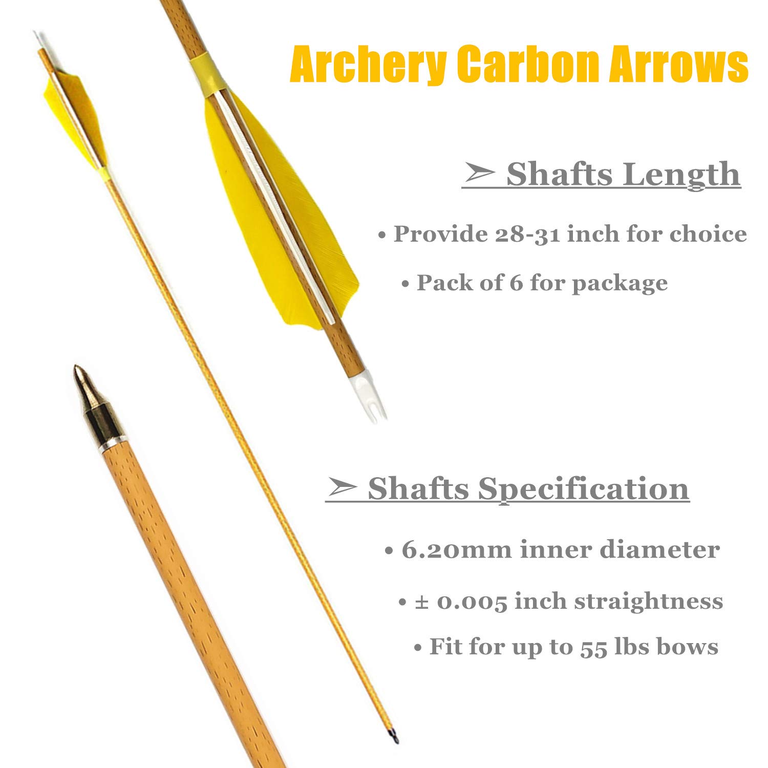 Carbon Arrows 500 Spine with Real Feather Fletching and Field Points for Archery Target Shooting (6 Pack)