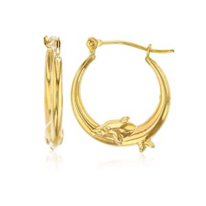 14k yellow gold 3mm thick dancing dolphin hoop earrings with hinged clasp | 3x18mm hoop | yellow gold dolphin earrings | solid gold earrings for women for women