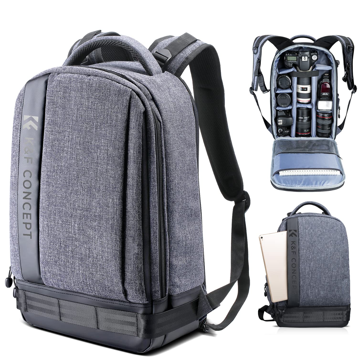 K&F Concept Professional Camera Backpack Large Size Photography Bag Compatible with Camera DSLR, 14.4'' Laptop,Tripod (Grey)