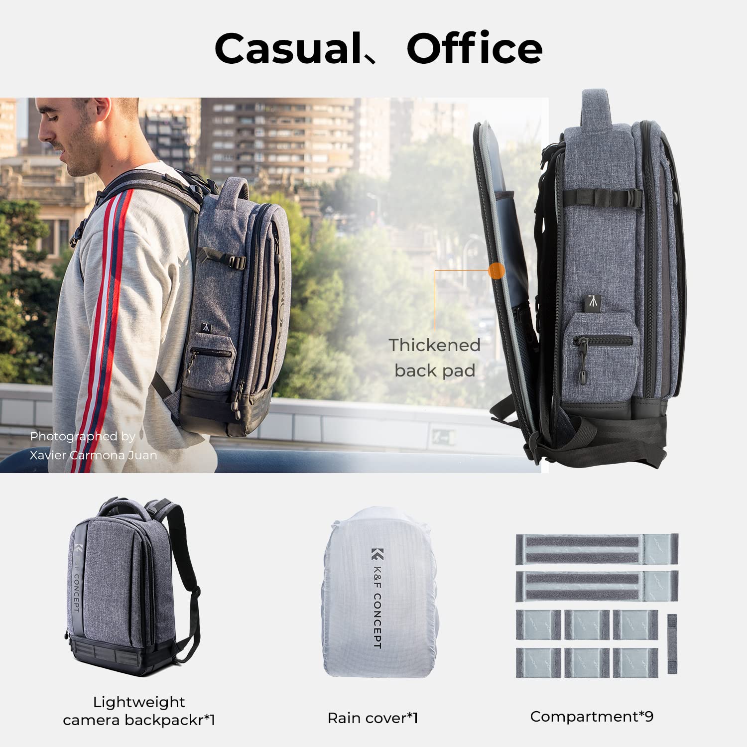 K&F Concept Professional Camera Backpack Large Size Photography Bag Compatible with Camera DSLR, 14.4'' Laptop,Tripod (Grey)