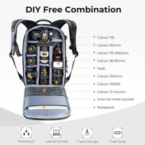 K&F Concept Professional Camera Backpack Large Size Photography Bag Compatible with Camera DSLR, 14.4'' Laptop,Tripod (Grey)