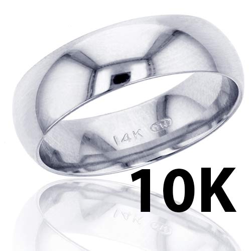 10K White Gold 6mm Polished Plain Wedding Band, Size 11.5