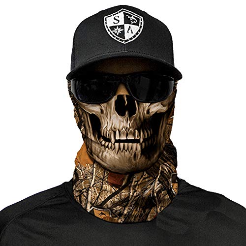 SA Company Face Shield Micro Fiber Protect from Wind, Dirt and Bugs. Worn as a Balaclava, Neck Gaiter & Head Band for Hunting, Fishing, Boating, Cycling, Paintball and Salt Lovers Forest Camo Skull