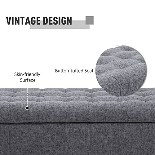 HOMCOM Storage Ottoman, Linen Fabric Button Tufted Storage Bench with Soft Close Lid for Living Room, Entryway or Bedroom, Dark Gray