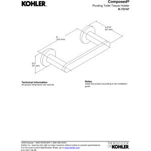 KOHLER 73147-CP Composed pivoting toilet tissue holder, 2.00 x 3.19 x 6.00, Polished Chrome