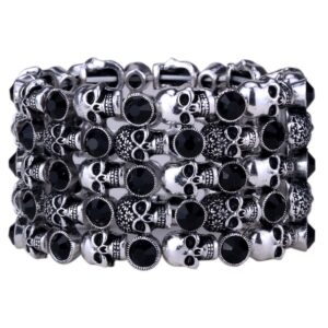 yacq women's skull stretch cuff bracelets - elastic band fit wrist 7 to 8 inch - lead & nickle free - women biker jewelry