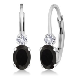 gem stone king 925 sterling silver black onyx and white created sapphire leverback earrings for women (0.86 cttw, gemstone december birthstone, oval 6x4mm, round 2mm, 3/4 inch)