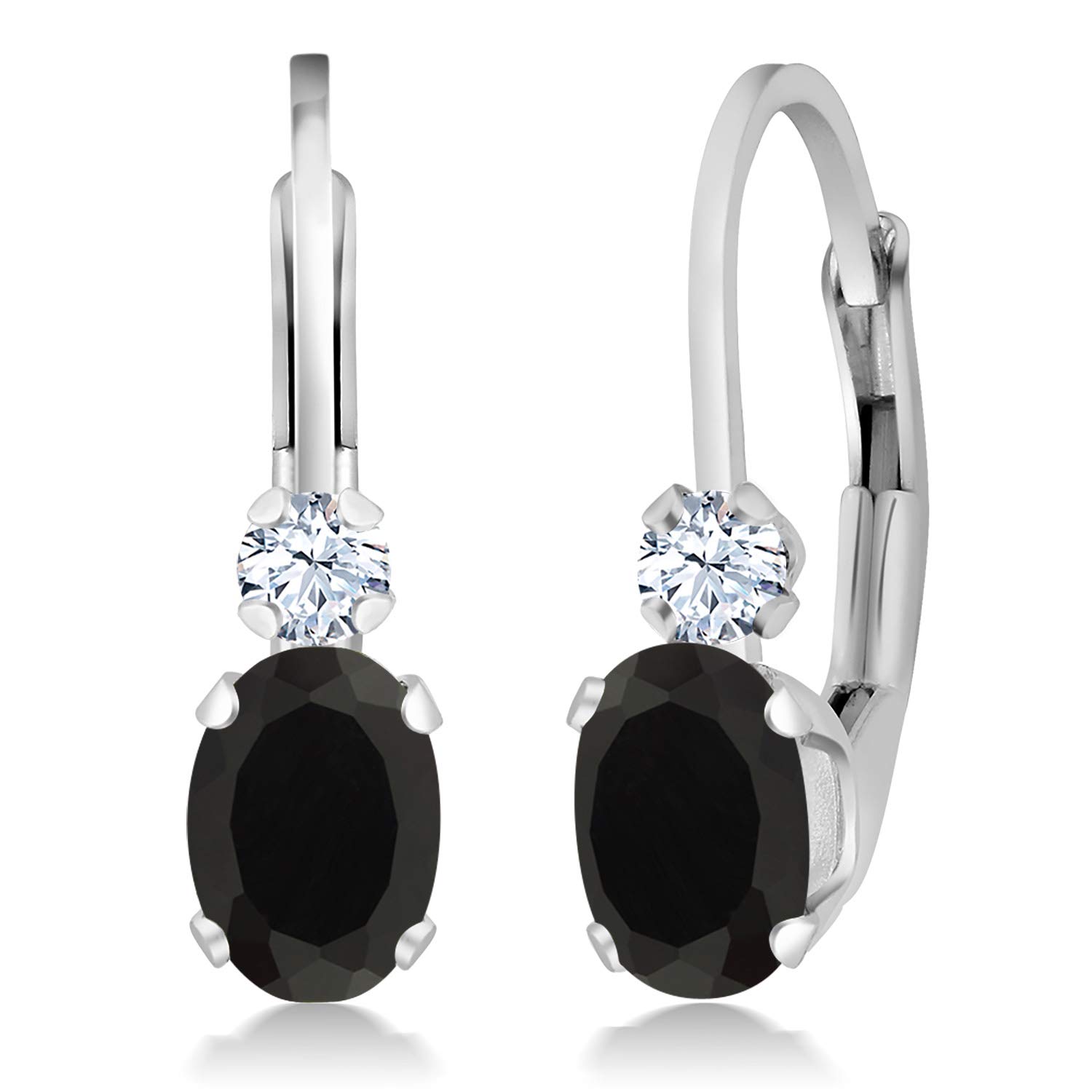 Gem Stone King 925 Sterling Silver Black Onyx and White Created Sapphire Leverback Earrings For Women (0.86 Cttw, Gemstone December Birthstone, Oval 6X4MM, Round 2MM, 3/4 Inch)