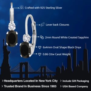 Gem Stone King 925 Sterling Silver Black Onyx and White Created Sapphire Leverback Earrings For Women (0.86 Cttw, Gemstone December Birthstone, Oval 6X4MM, Round 2MM, 3/4 Inch)