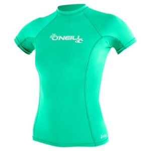 o'neill women's basic skins upf 50+ short sleeve rash guard, seaglass, xs