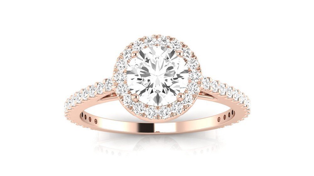 Houston Diamond District 1 Carat t.w. 14K Rose Gold Round Classic Halo Style Pave Set Round Shape Diamond Engagement Ring H-I I2 Clarity Center Stones., Size 8