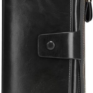 Itslife Womens Wallet RFID Blocking Large Capacity Luxury Wax Genuine Leather Wallets Clutch Wallet Ladies Card holder, Black