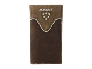 ariat men's distressed shield inlay rodeo western leather excluding trim wallet, lightweight, brown