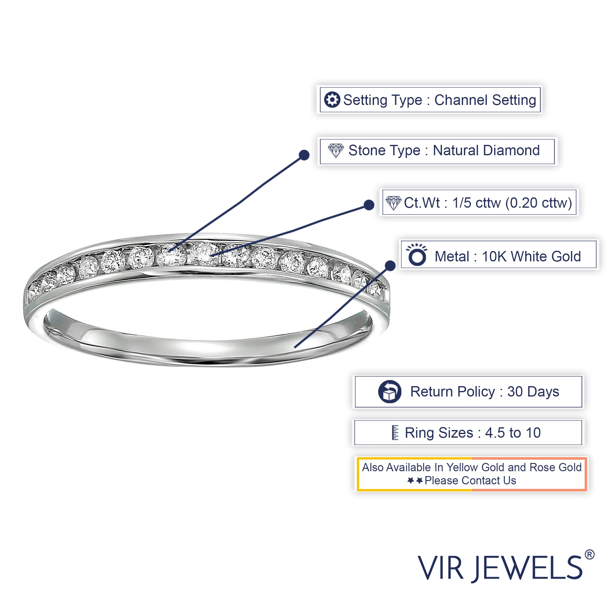 VIR JEWELS 1/5 carat (ctw) Diamond Wedding Anniversary Band for Women, Half Eternity Round Diamond Engagement Ring 10K White Gold Channel Set 0.20 cttw, Size 9