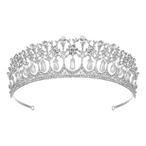 sweetv princess diana tiara for women, silver pearl wedding crown for bride, rhinestone costume accessories for birthday party prom