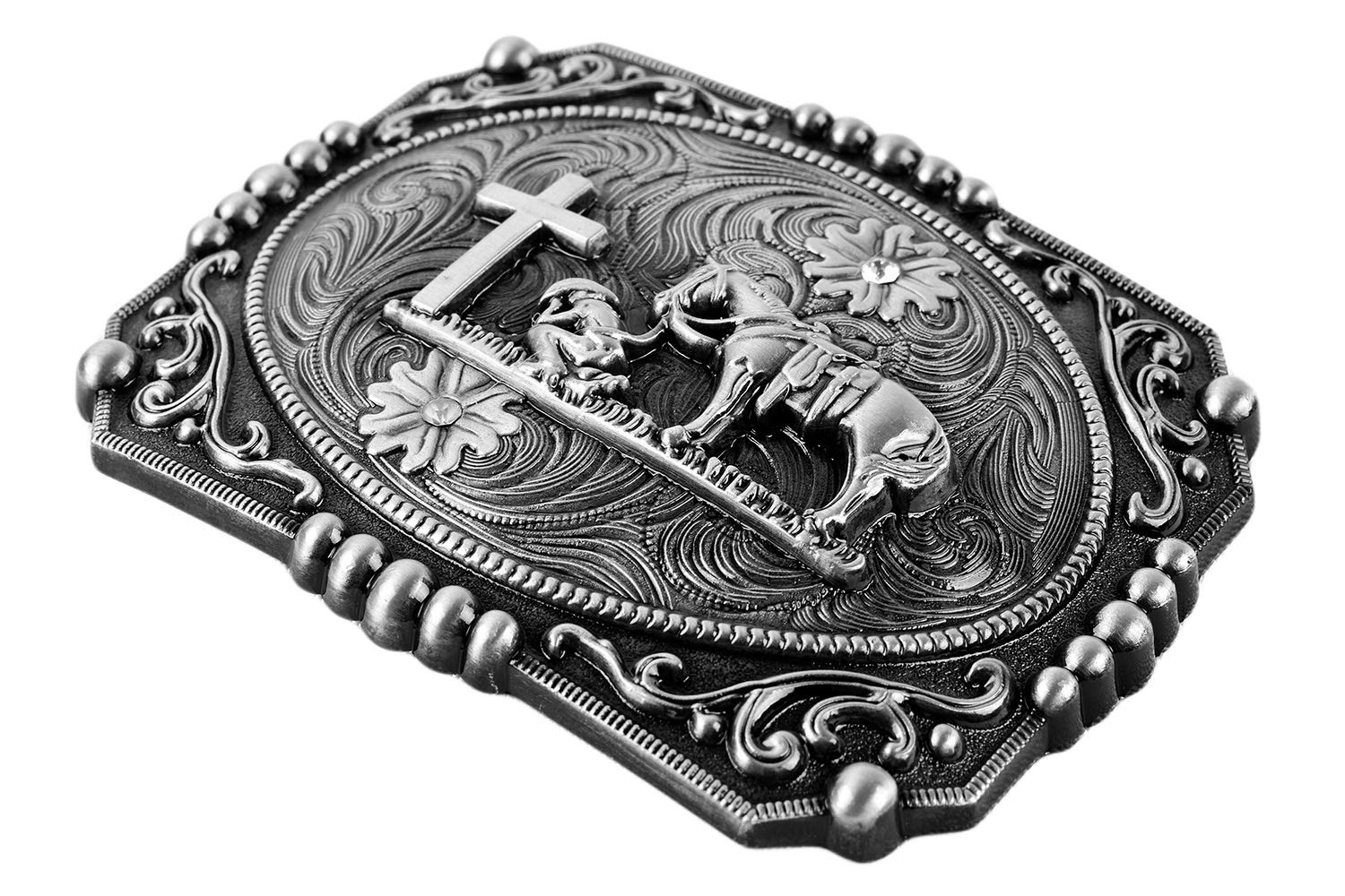 Moranse Religion Cross Cowboy And Horse Design Belt Buckles (Square Silver)