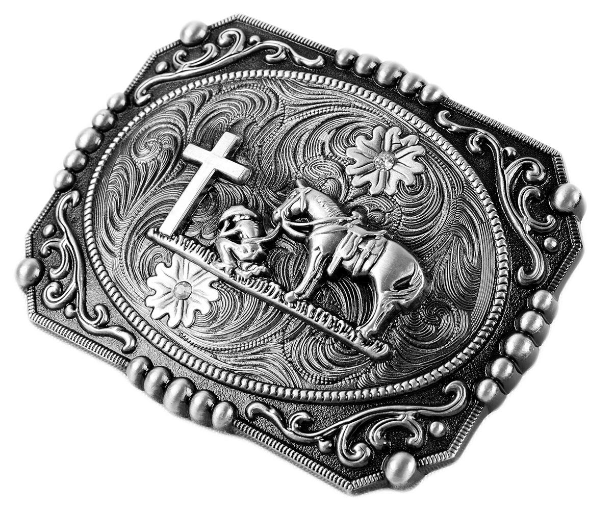 Moranse Religion Cross Cowboy And Horse Design Belt Buckles (Square Silver)