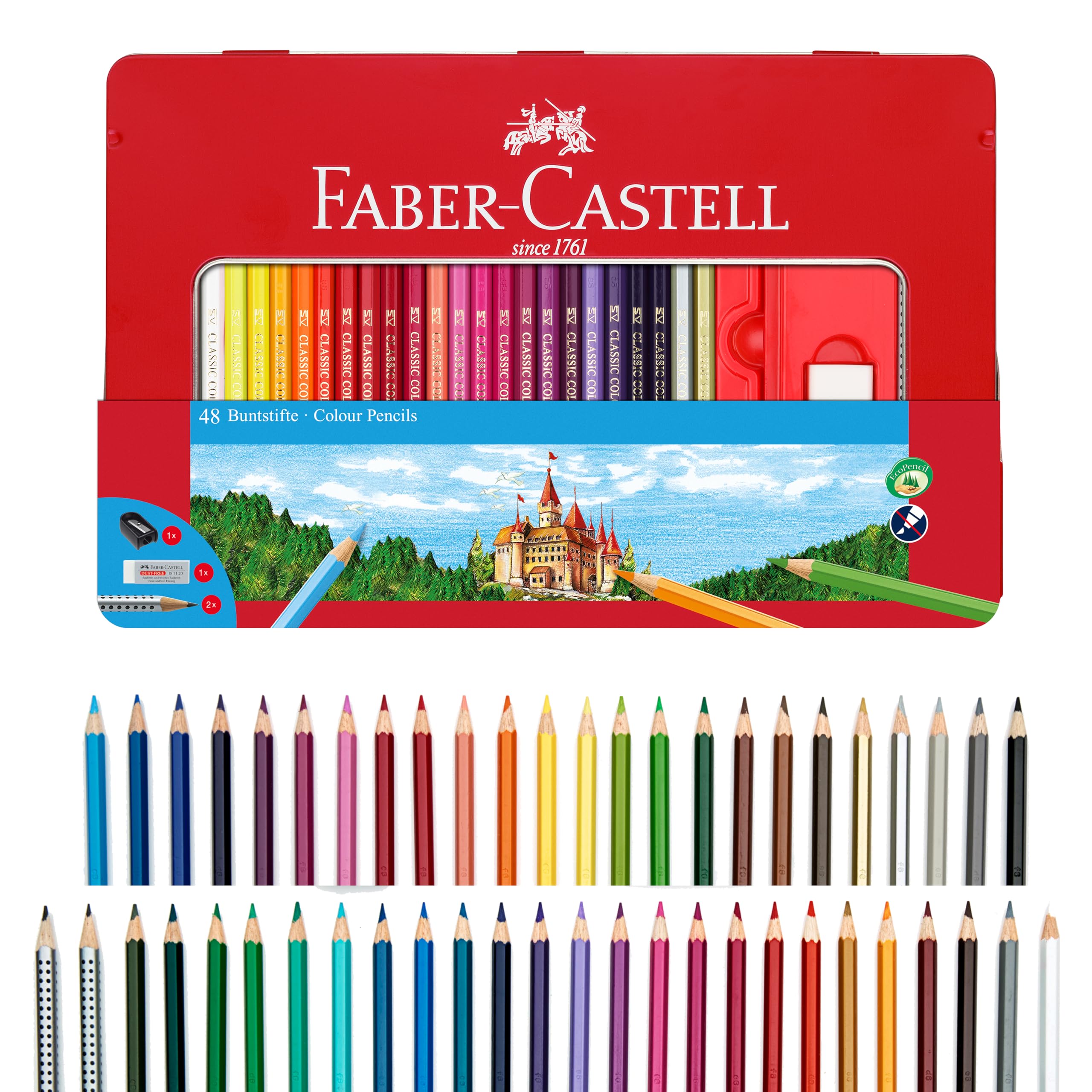 Faber-Castell Classic Colored Pencils Tin Set, 48 Vibrant Colors In Sturdy Metal Case