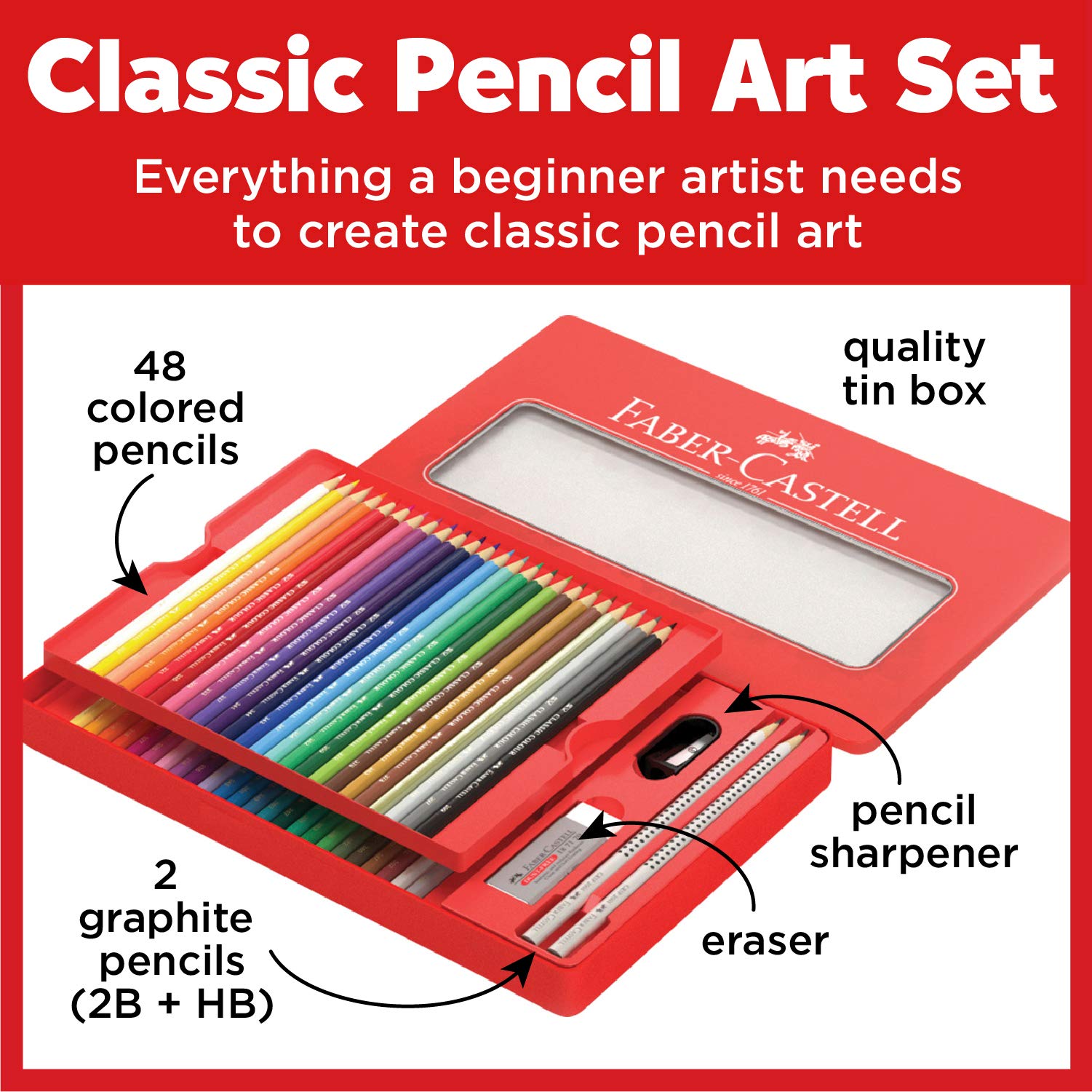 Faber-Castell Classic Colored Pencils Tin Set, 48 Vibrant Colors In Sturdy Metal Case