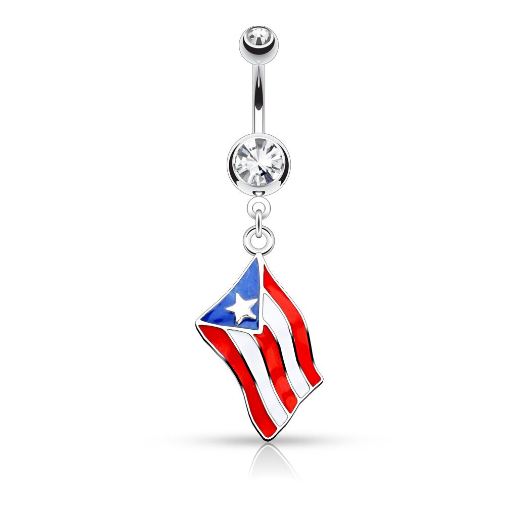 14GA Epoxy National Country Flag with Gem Dangling Belly Button Ring (Puerto Rico)