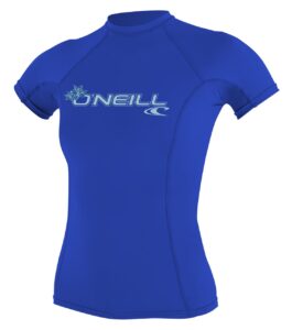 o'neill women's basic skins upf 50+ short sleeve rash guard, tahitian blue, m