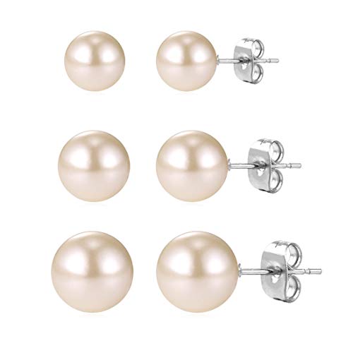 U7 Pearl Earrings for Women Surgical Stainless Steel Post Round 5mm 7mm 9mm Cultured Freshwater Pearls Ball Stud Earrings Set 3 Pairs