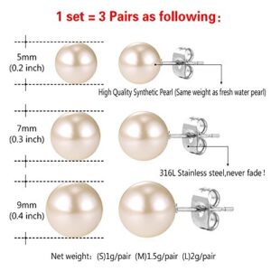 U7 Pearl Earrings for Women Surgical Stainless Steel Post Round 5mm 7mm 9mm Cultured Freshwater Pearls Ball Stud Earrings Set 3 Pairs