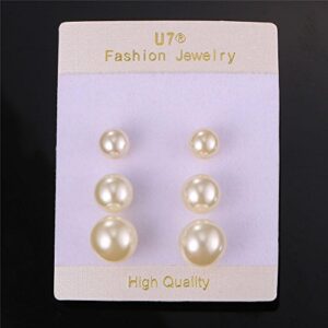 U7 Pearl Earrings for Women Surgical Stainless Steel Post Round 5mm 7mm 9mm Cultured Freshwater Pearls Ball Stud Earrings Set 3 Pairs