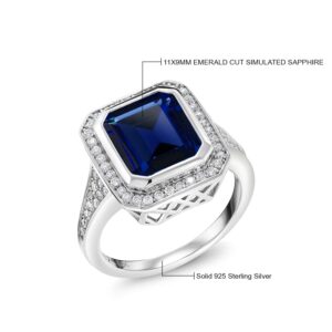 Gem Stone King 925 Sterling Silver Simulated Sapphire Ring For Women (5.00 Cttw, Emerald Cut 11X9MM)