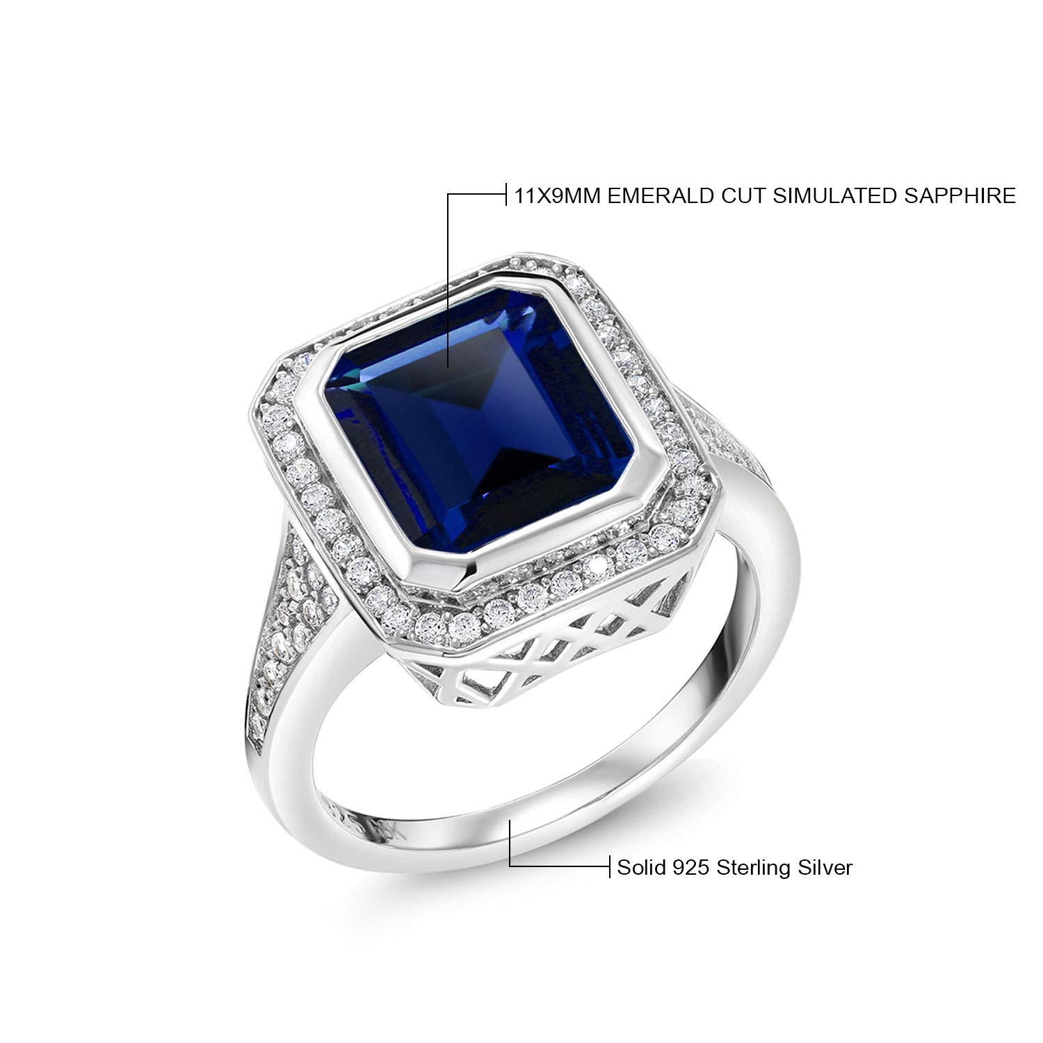 Gem Stone King 925 Sterling Silver Simulated Sapphire Ring For Women (5.00 Cttw, Emerald Cut 11X9MM)