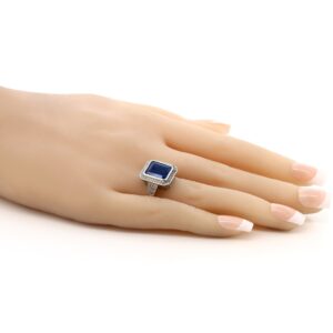 Gem Stone King 925 Sterling Silver Simulated Sapphire Ring For Women (5.00 Cttw, Emerald Cut 11X9MM)