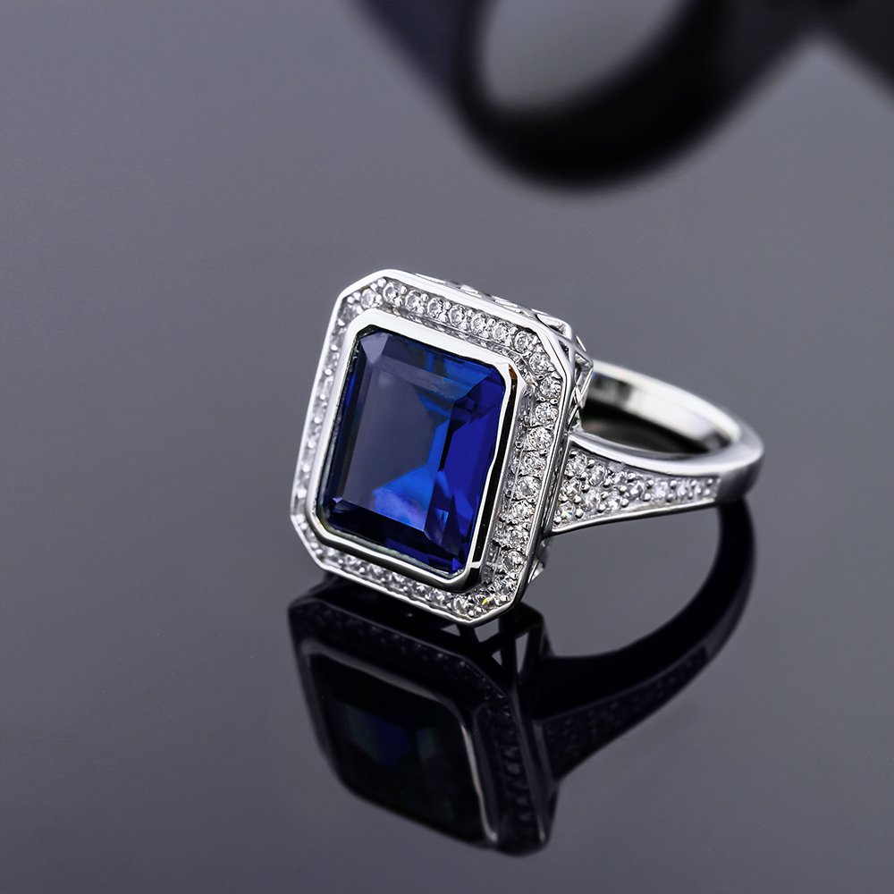 Gem Stone King 925 Sterling Silver Simulated Sapphire Ring For Women (5.00 Cttw, Emerald Cut 11X9MM)