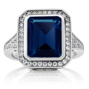 Gem Stone King 925 Sterling Silver Simulated Sapphire Ring For Women (5.00 Cttw, Emerald Cut 11X9MM)