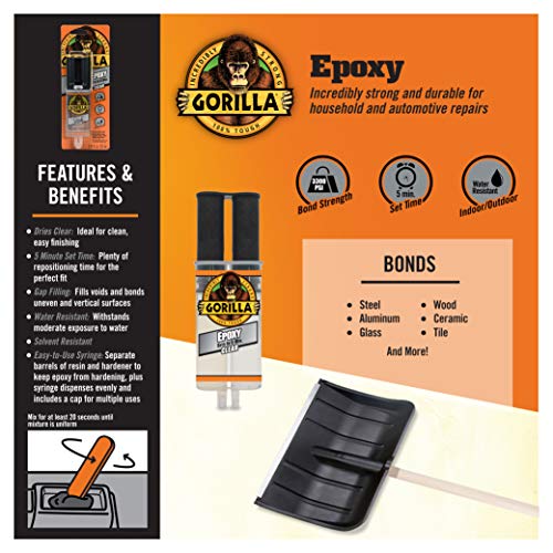 Gorilla 2 Part Epoxy, 5 Minute Set, .85 ounce Syringe, Clear, (Pack of 4)