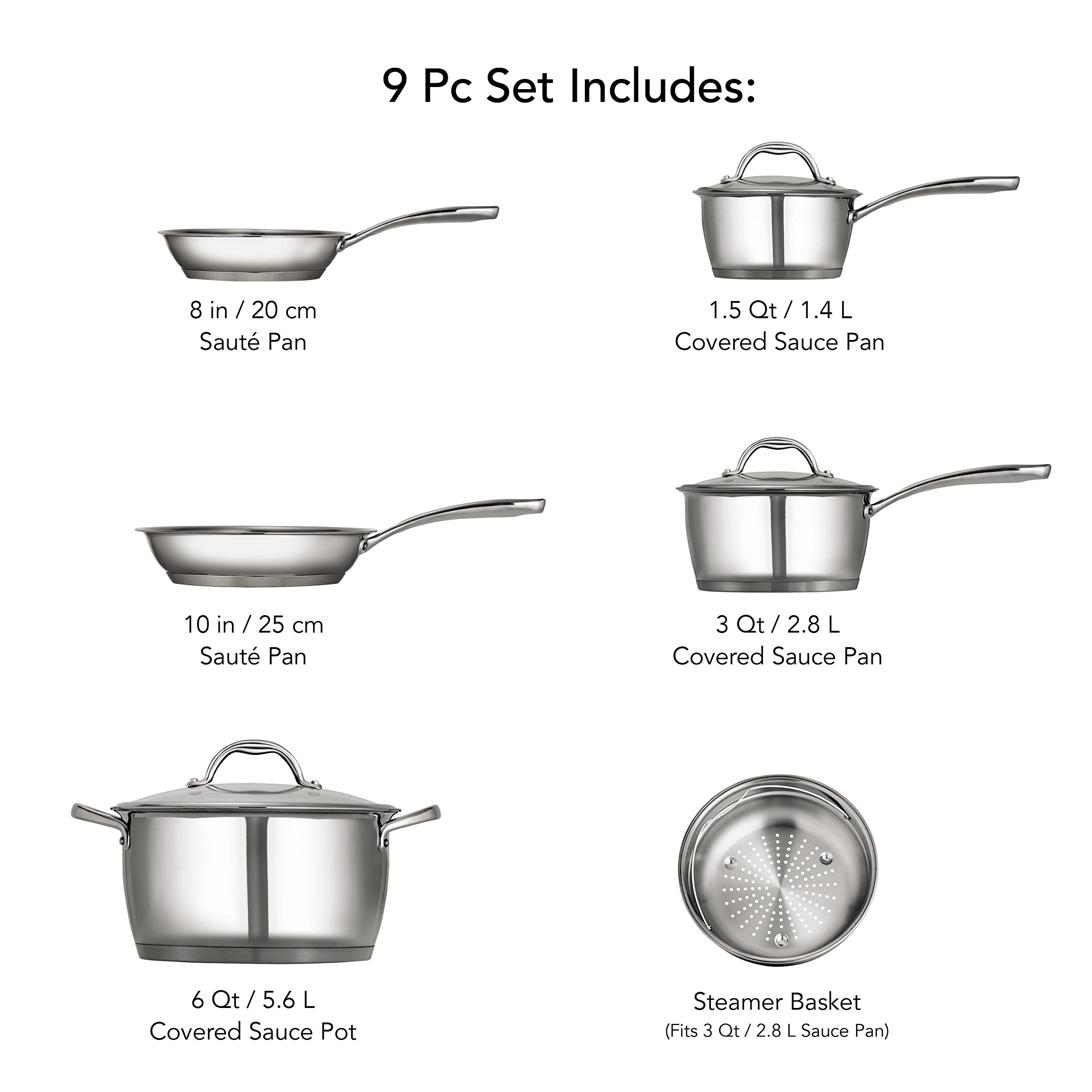 Tramontina 80154/567DS Tri-Ply Base Stainless-Steel Cookware Set, Induction-Ready, 9-Piece