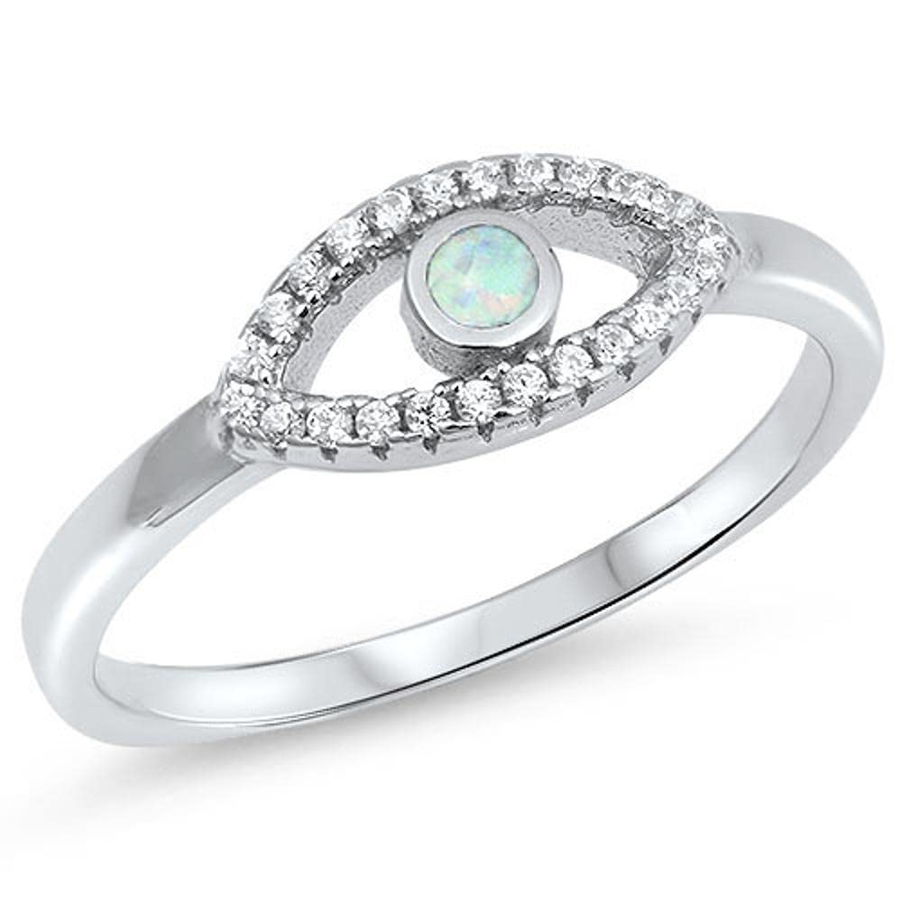 Clear CZ White Simulated Opal Evil Eye Ring New .925 Sterling Silver Band Size 10