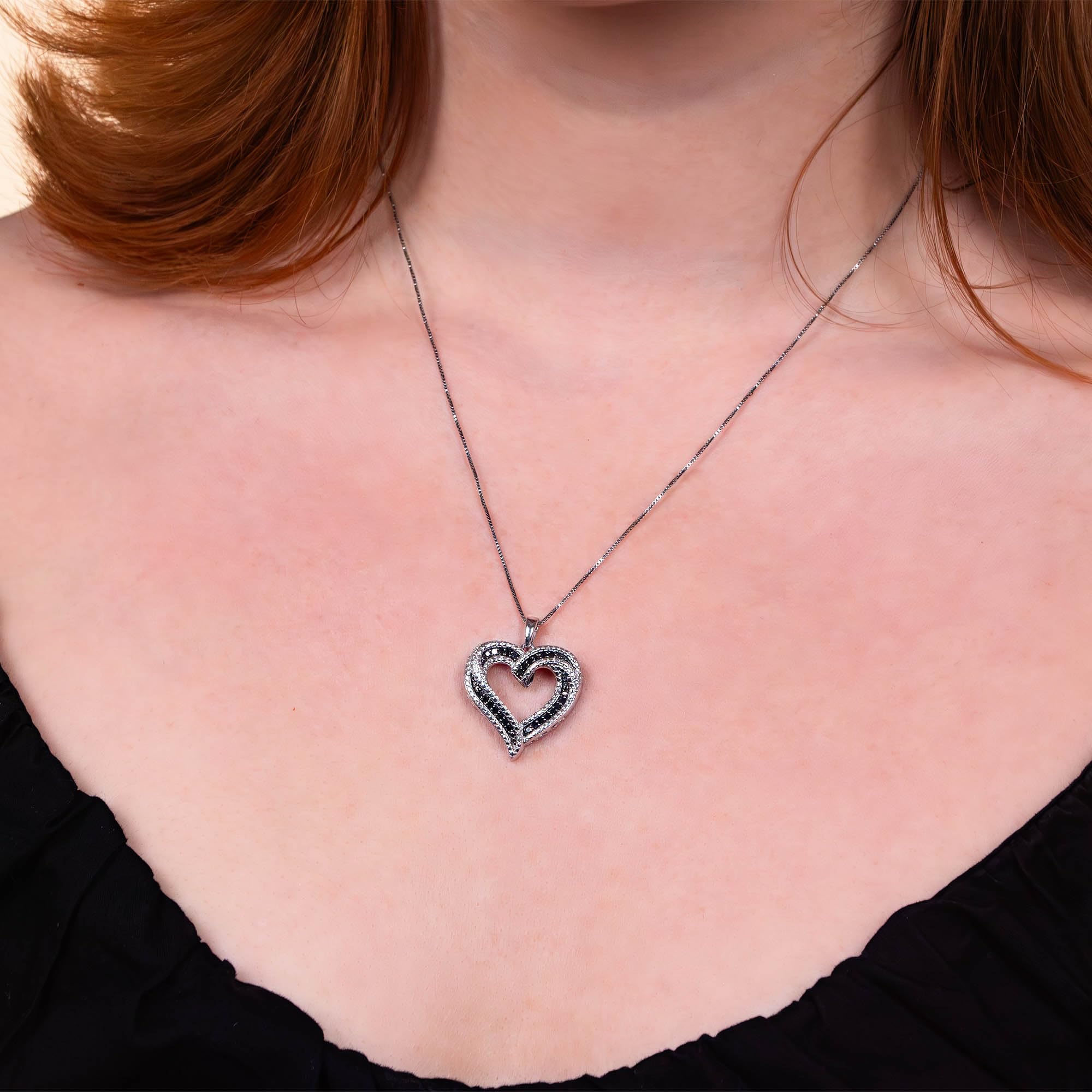 GILDED Sterling Silver 1/4cttw Natural Round-Cut Black Diamond Heart Pendant-Necklace with an 18 Inch Chain