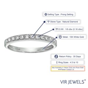 Vir Jewels 1/6 carat (ctw) Diamond Wedding Anniversary Band for Women, Half Eternity Petite Round Diamond Engagement Ring 10K White Gold Prong Set with Milgrain 0.16 cttw, Size 7