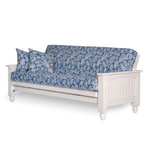 cottage futon frame, queen size, satin white finish, solid wood construction, coastal furniture