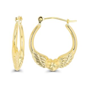 14k yellow gold 2mm thick wings & heart hoop earrings with hinged clasp | 2x18mm hoop | heart hoop earrings | solid gold earrings for women