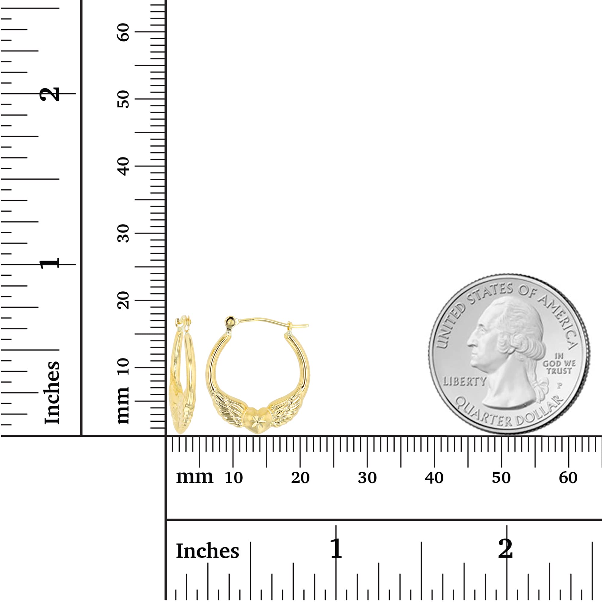 14K Yellow Gold 2mm Thick Wings & Heart Hoop Earrings with Hinged Clasp | 2x18mm Hoop | Heart Hoop Earrings | Solid Gold Earrings for Women