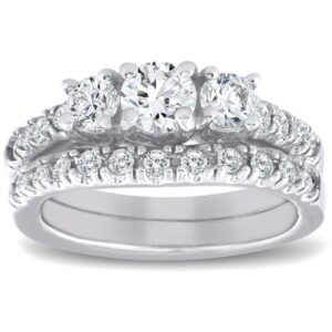 p3 pompeii3 1 1/2 ct 3-stone diamond engagement ring matching wedding band set white gold - size 4