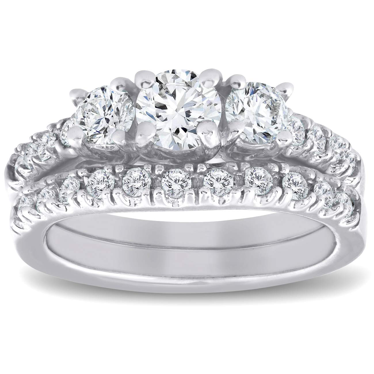 P3 POMPEII3 1 1/2 ct 3-Stone Diamond Engagement Ring Matching Wedding Band Set White Gold - Size 4