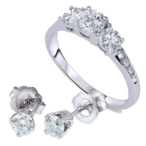 p3 pompeii3 1 1/2ct 3 stone diamond ring & matching studs 14k white gold - size 10