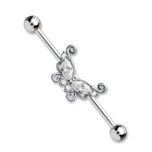 Pierced Owl 14GA 316L Surgical Steel CZ Crystal Butterfly Industrial Barbell (Clear)