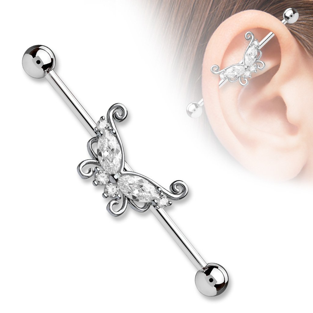 Pierced Owl 14GA 316L Surgical Steel CZ Crystal Butterfly Industrial Barbell (Clear)