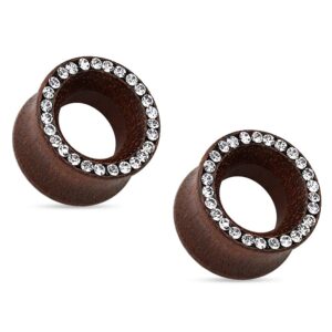 pierced owl organic rose wood crystal paved rim double flared tunnel plugs, sold as pair (10mm (00ga))