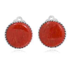 aeravida classic 18 mm round button .925 sterling silver clip on earrings | reconstructed red coral earrings for women | clip on earrings for women non piercing sterling silver